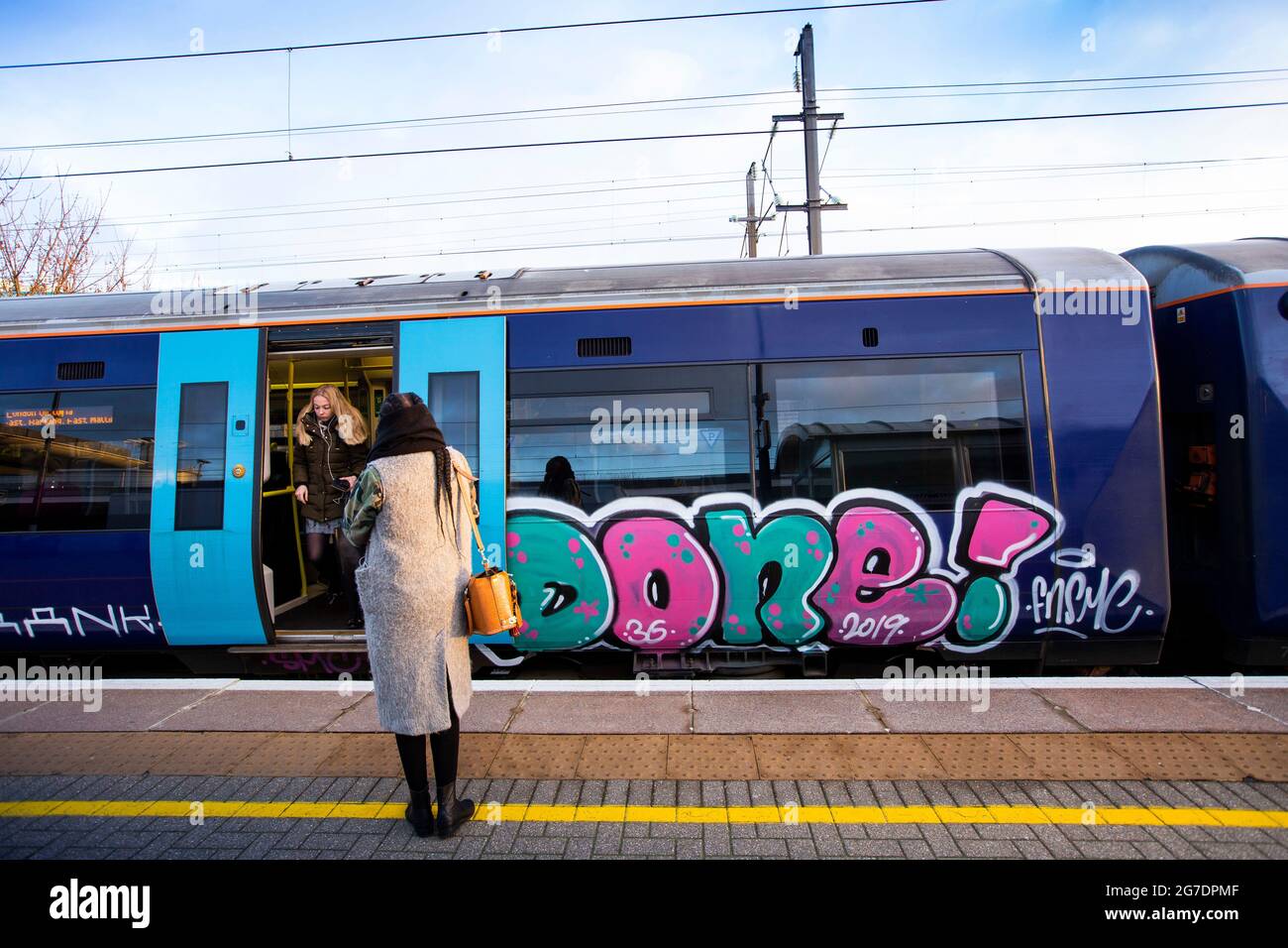 Train carriages damaged by graffiti in a station in Kent, England, UK ...