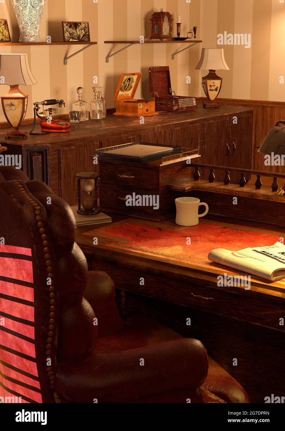3D rendering of a vintage office interior Stock Photo - Alamy