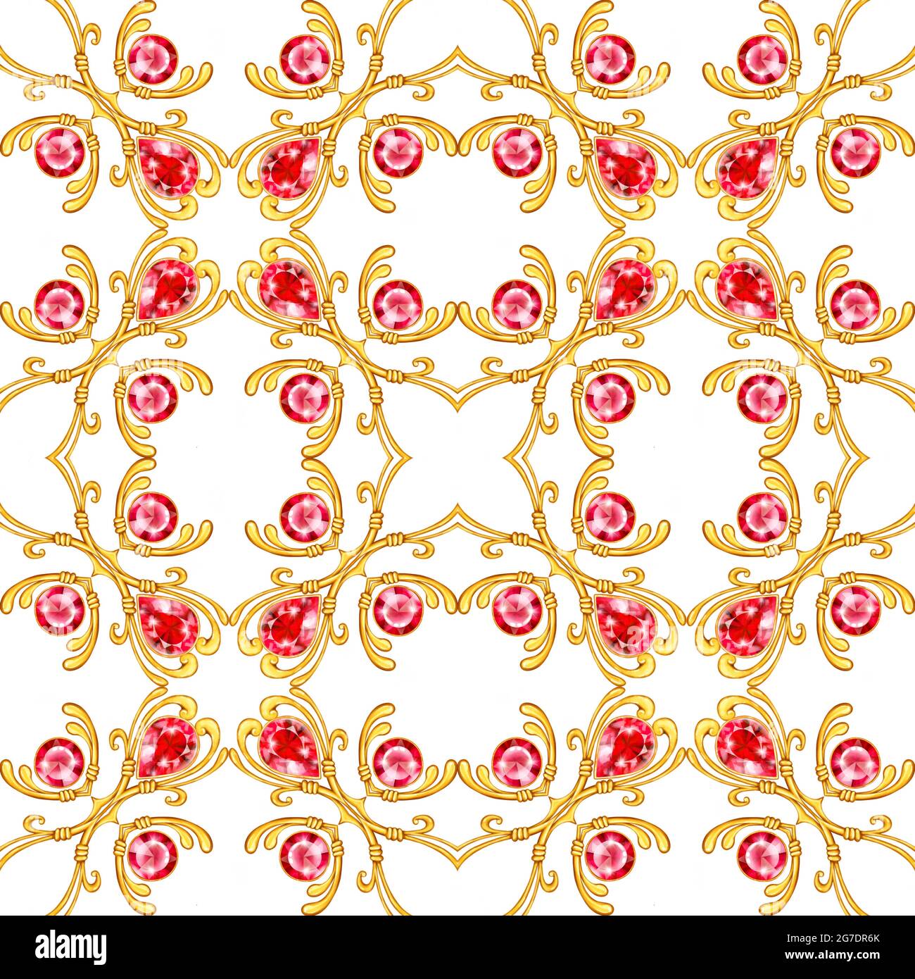 Seamless baroque pattern with jewelry. Red gems and gold scrolls on ...