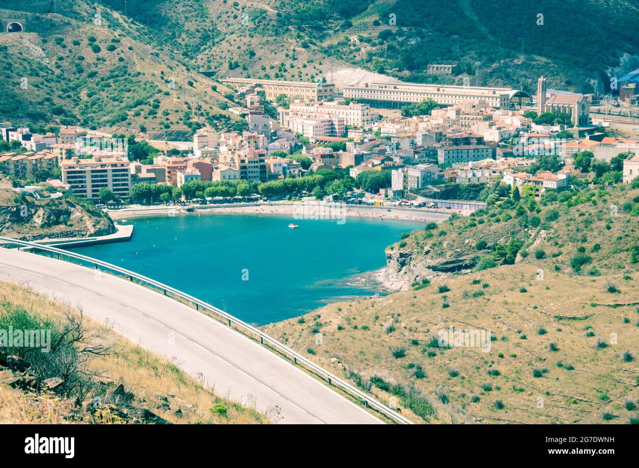 Stunning aerial view of the Portbou town in summer in Girona, Spain ...