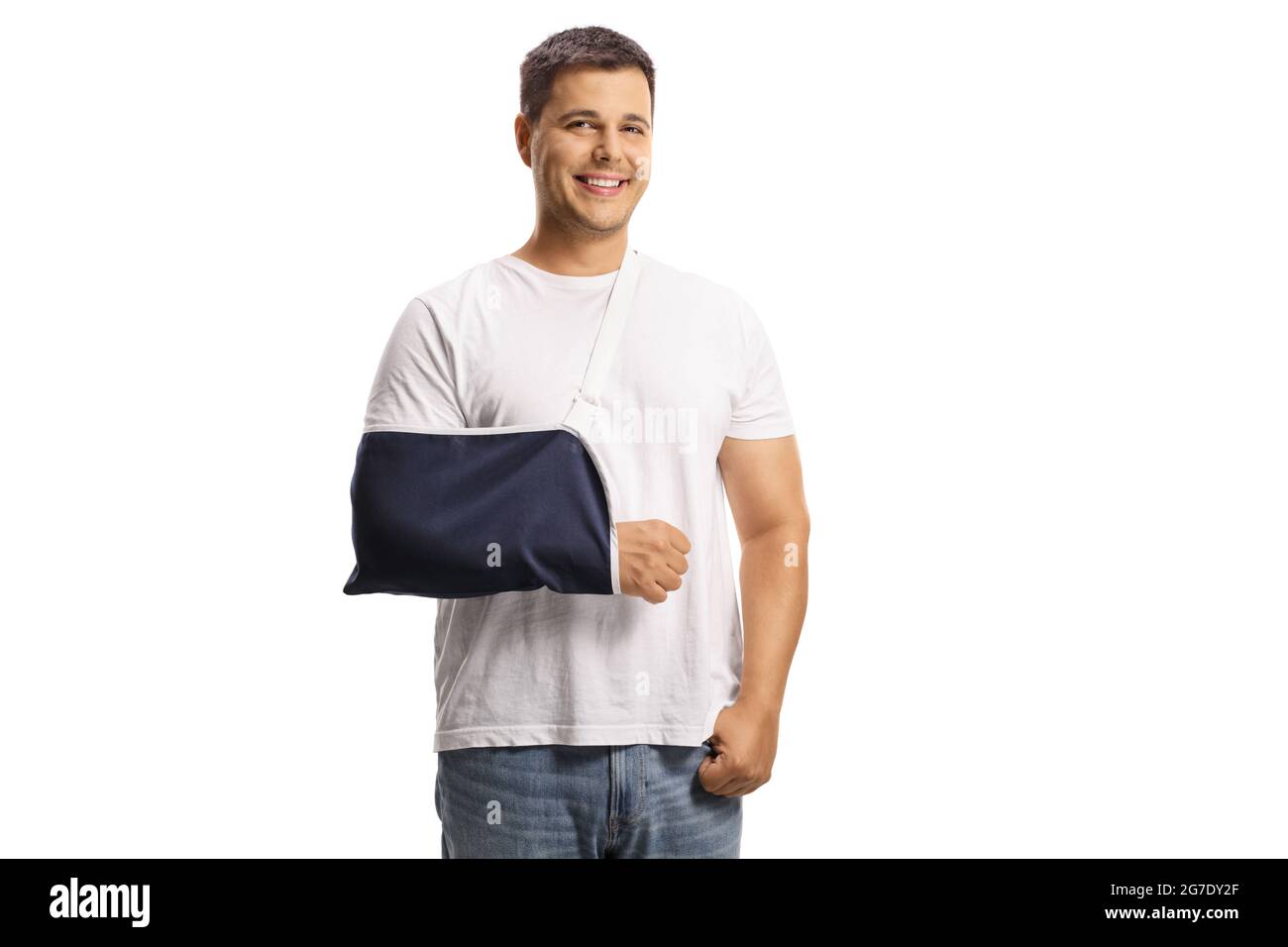 Young man with a broken arm wearing an arm splint and smiling isolated ...