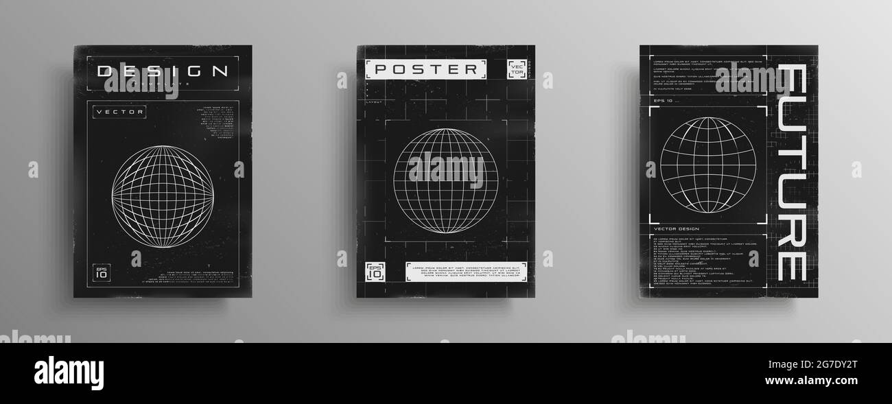 Set of retrofuturistic posters with HUD elements, broken laser grid, and wireframe planet. Black ...