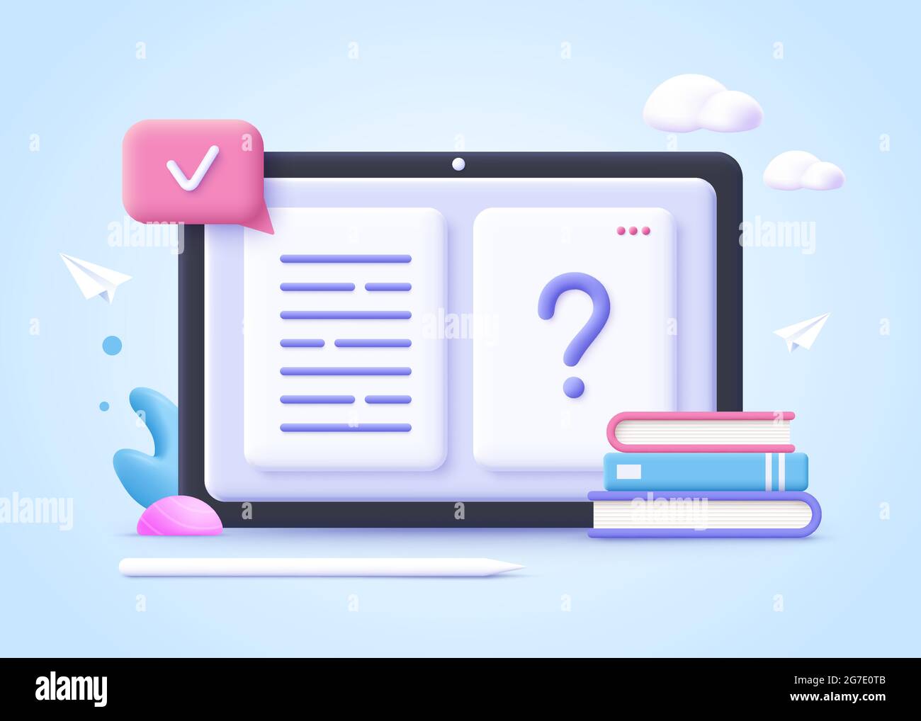 Concept of online education. Book pages and question mark, learning ...