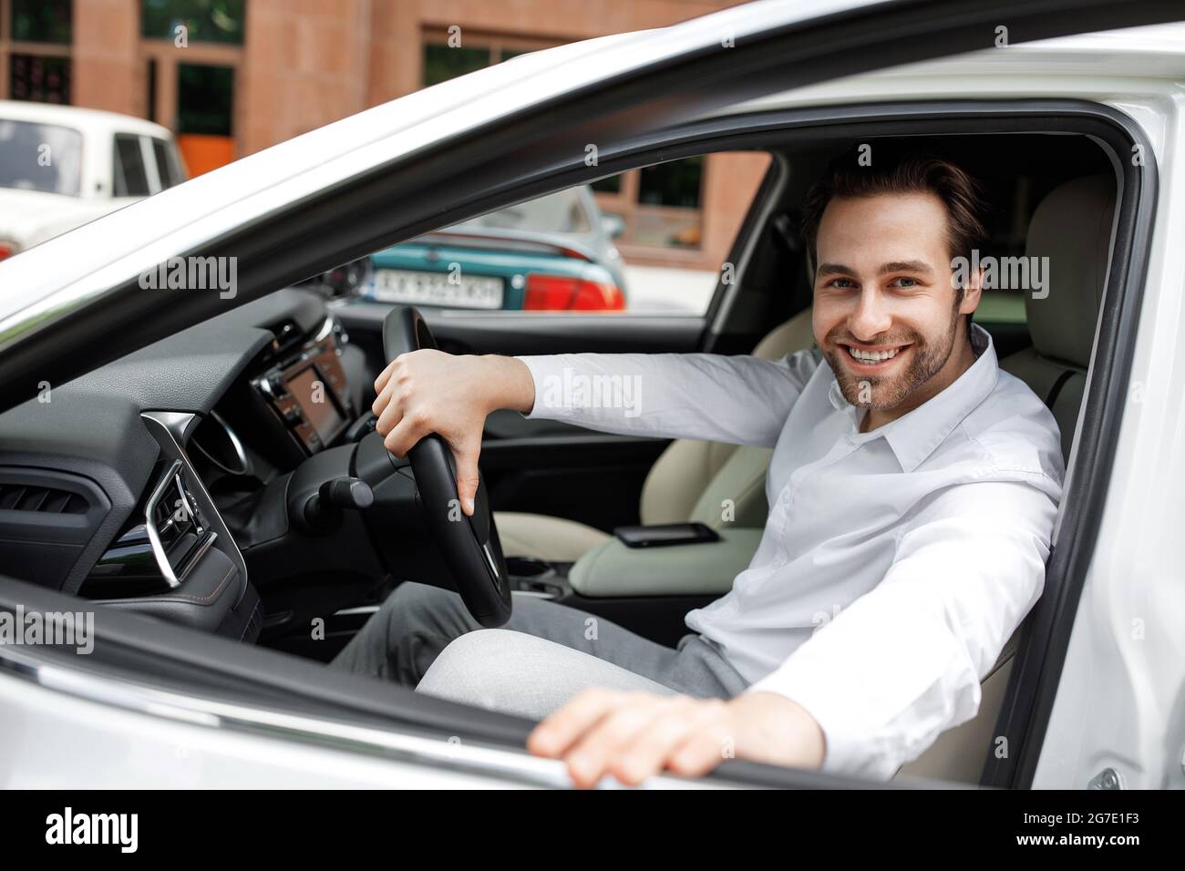 Test drive, buying and renting car, auto business and road to office ...