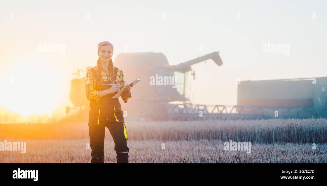 Farmer woman and combine harvester on wheat field during sunset Stock ...