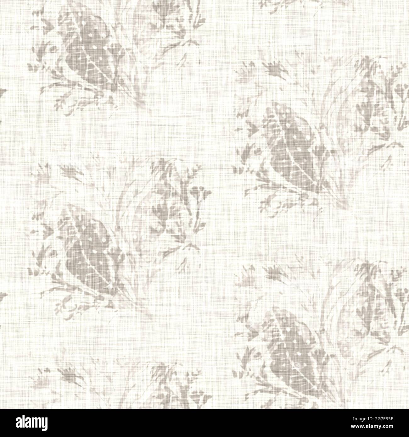Hand drawn grey flower motif linen texture. Whimsical garden seamless ...