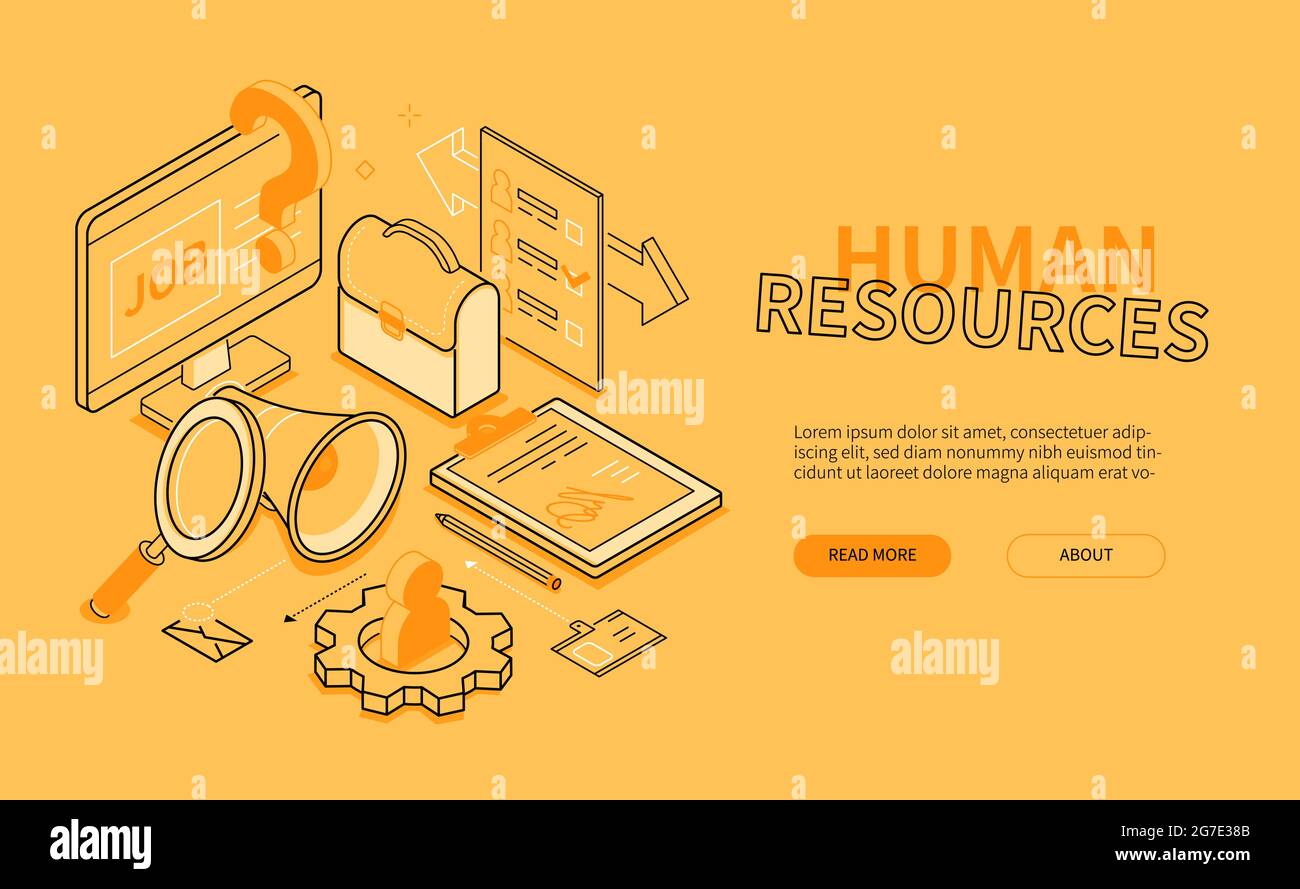 Human resources - yellow line design style isometric banner. HR and ...