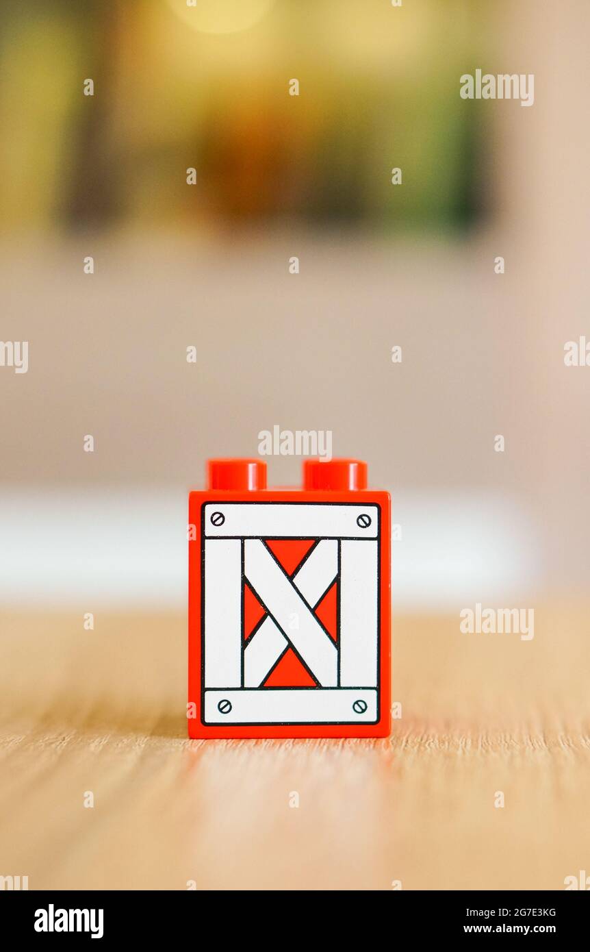 POZNAN, POLAND - May 23, 2016: A selective closeup of the red Lego ...