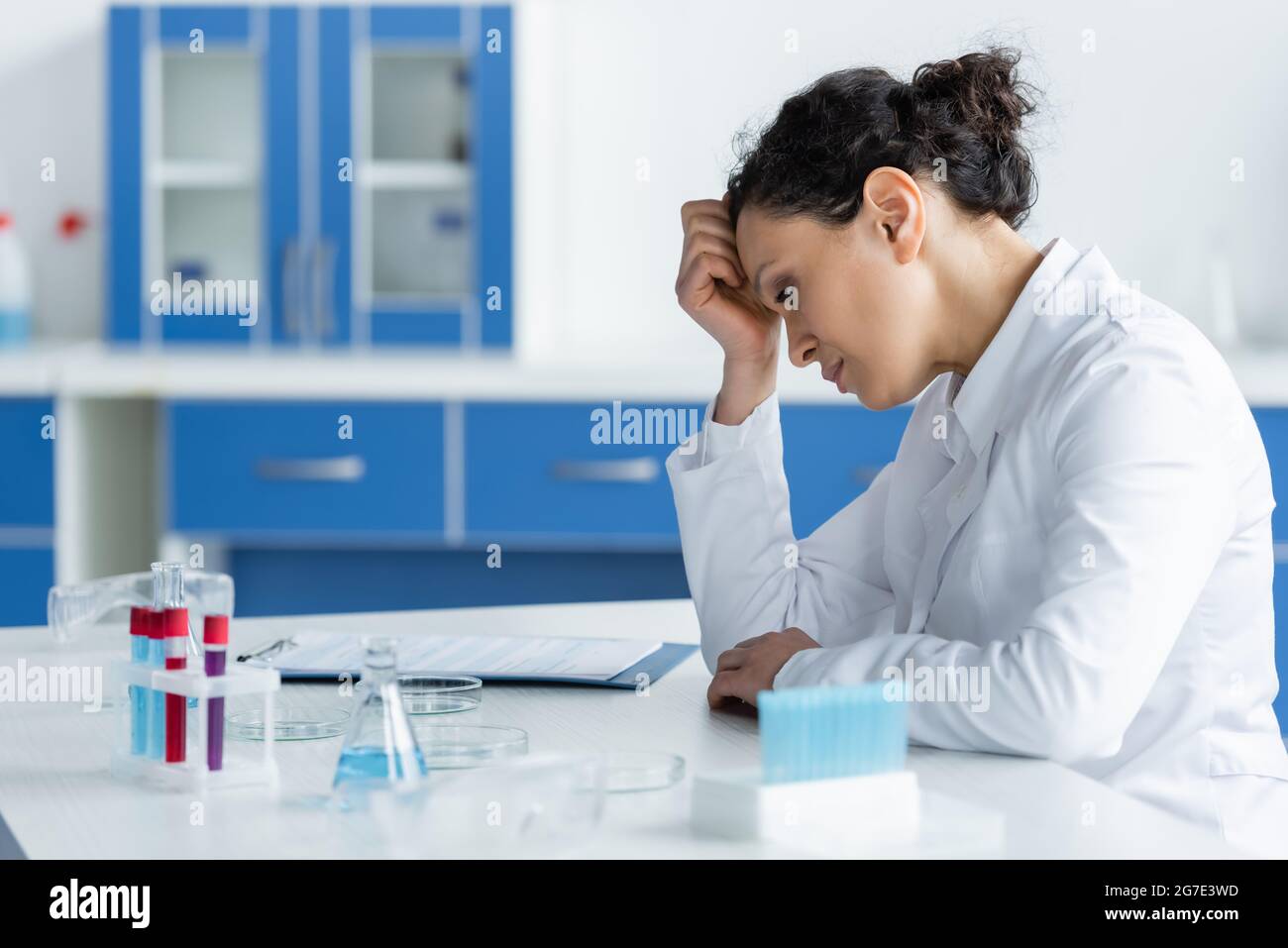 Side view of upset african american scientist looking at petri dishes ...