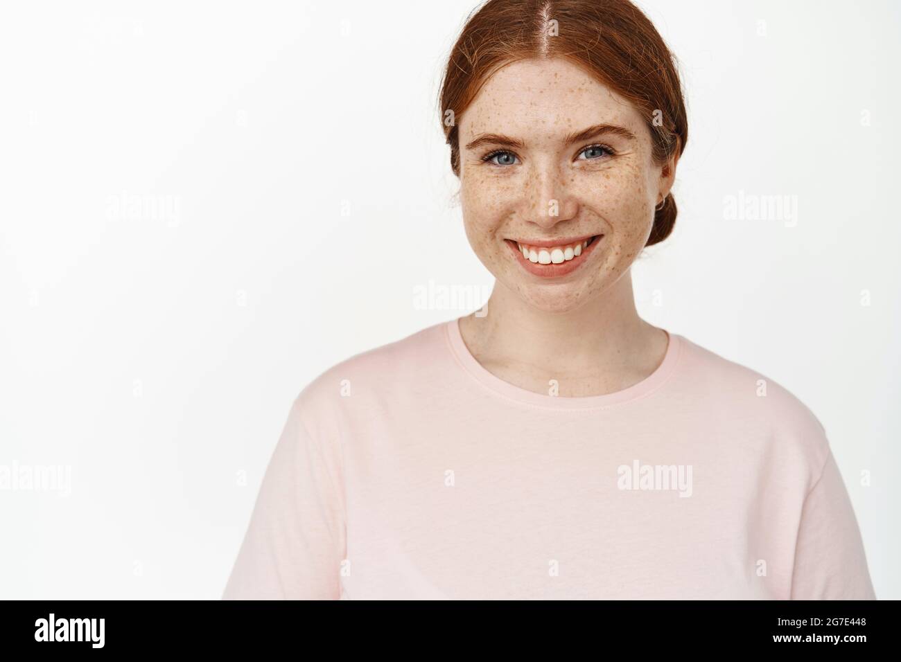 Close up of young ginger girl, caucasian woman with red hair, freckles ...