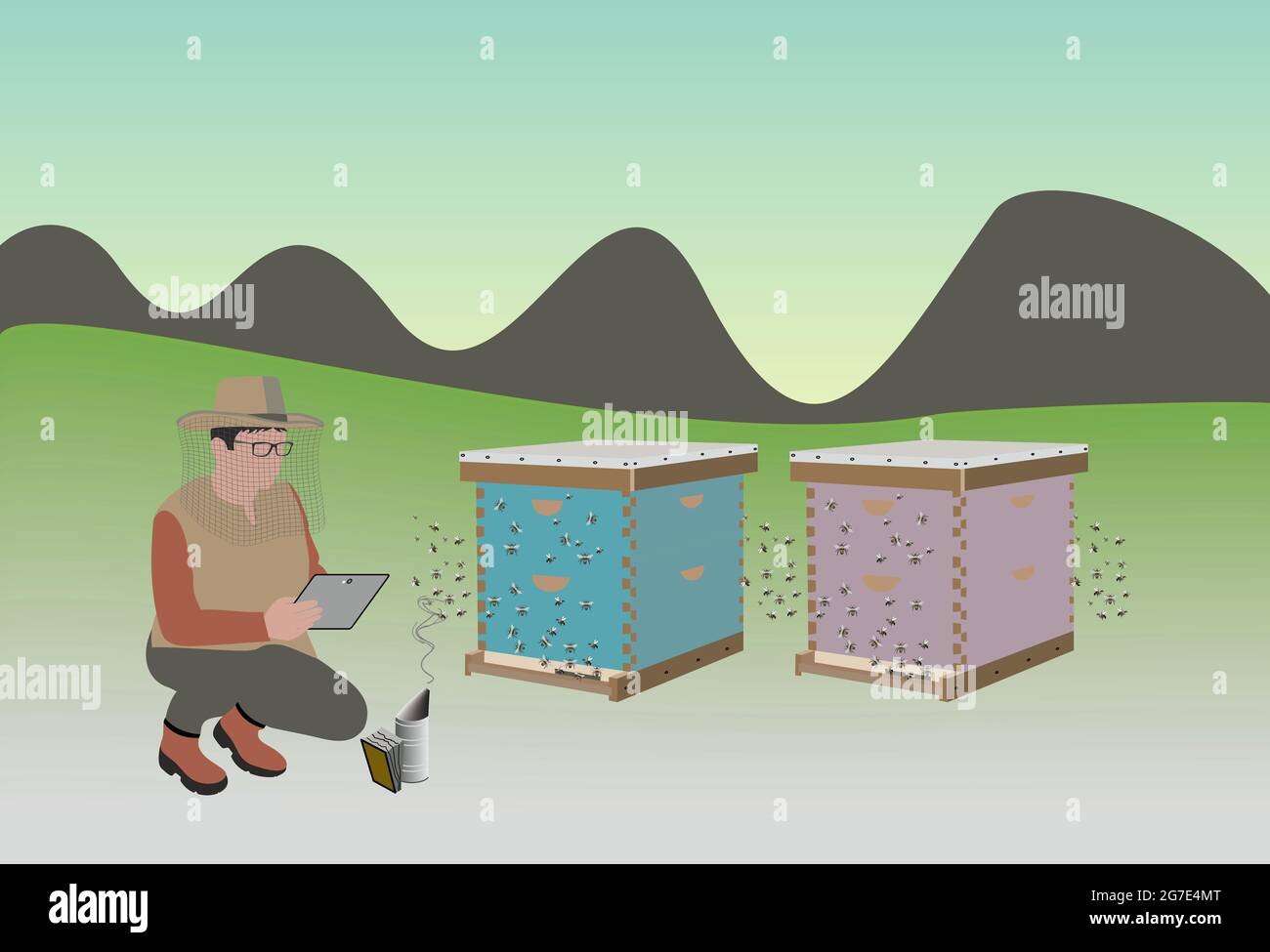 Illustration of a beekeeper using smart technologies Stock Photo - Alamy