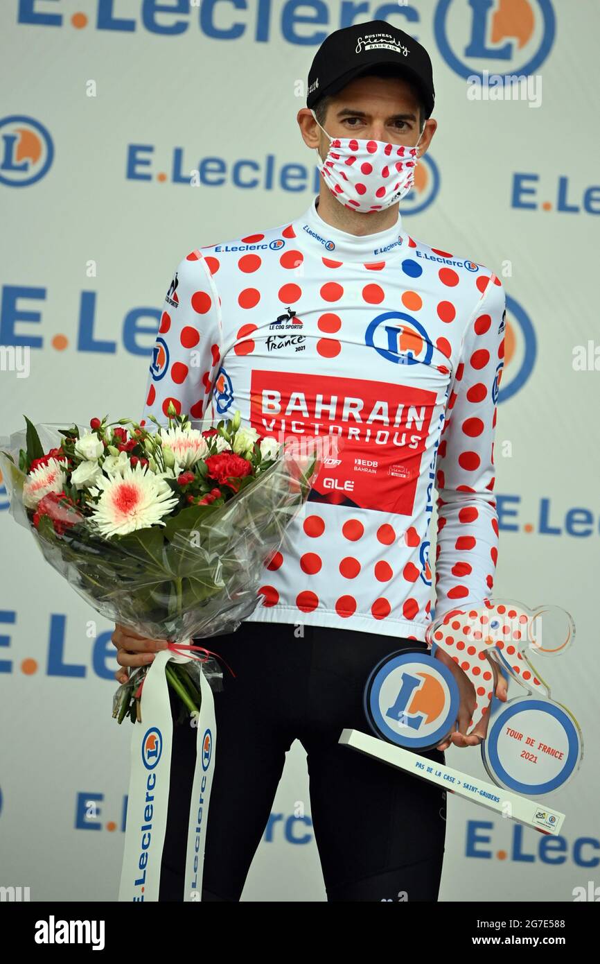 Dutch Wout Poels of Bahrain Victorious celebrates in the red polka-dot ...