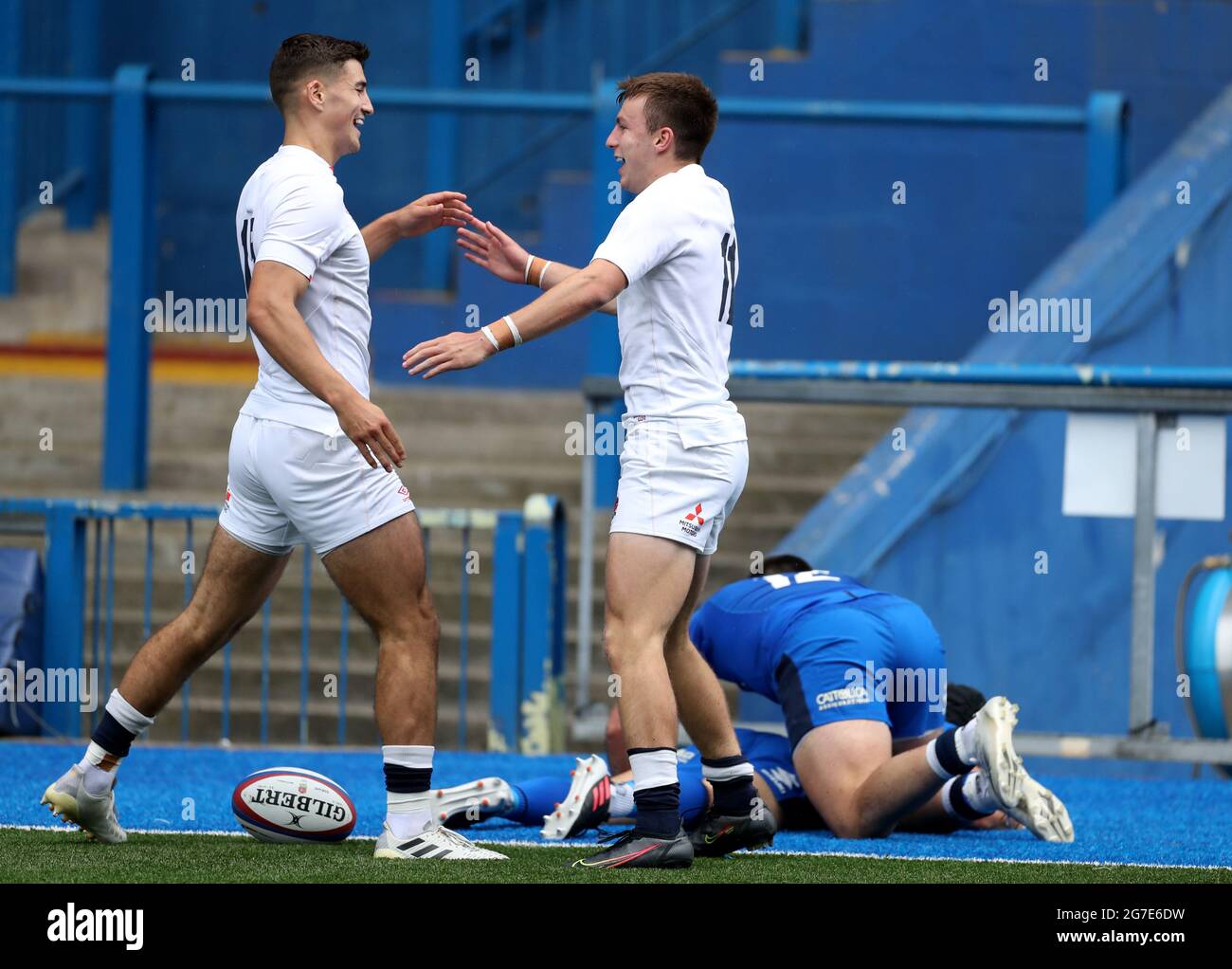 England’s Arthur Relton celebrates with his team mate after he scores a ...