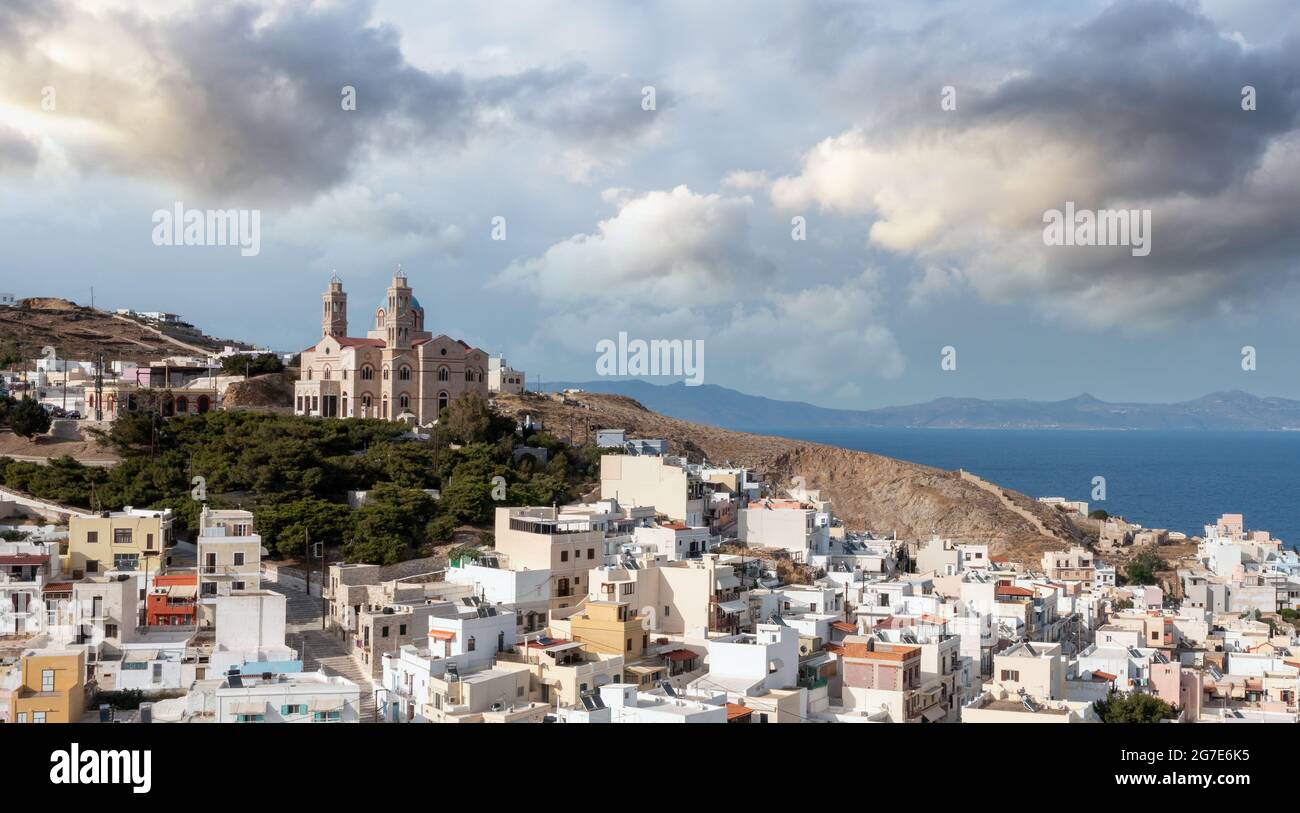 Ano Siros town cityscape, Syros island, Greece, aerial drone view. The ...