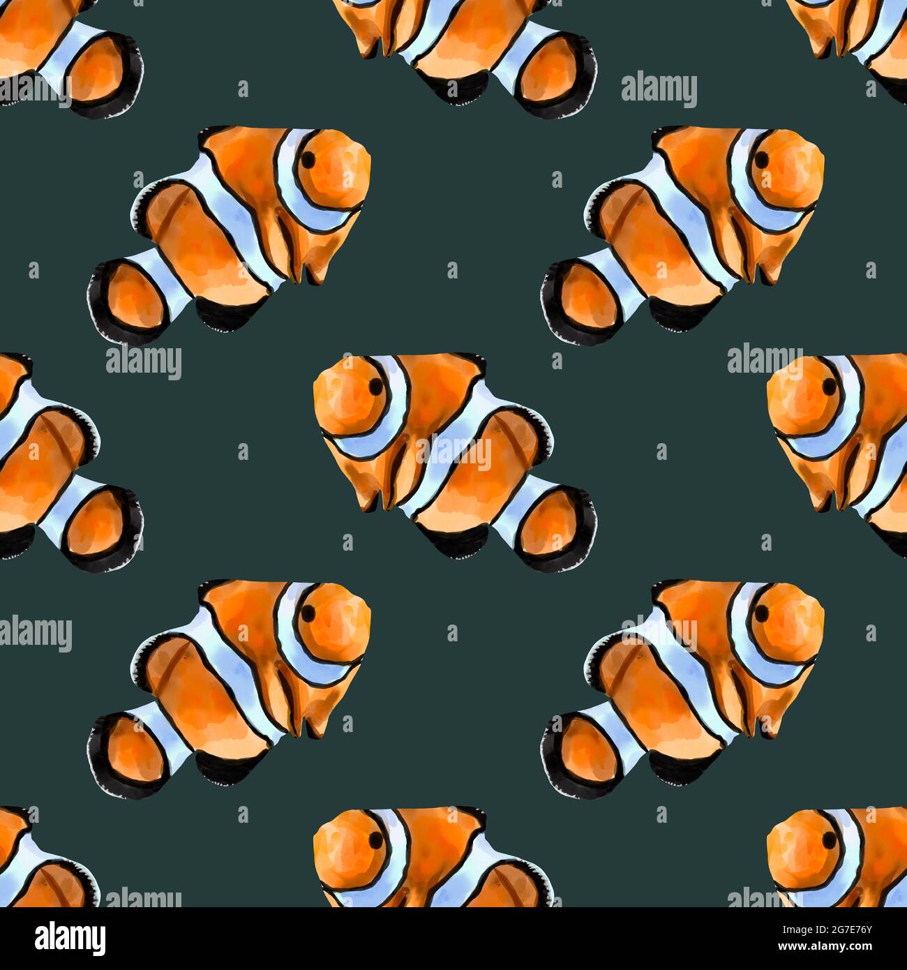 Watercolor seamless pattern illustration of an orange clown fish. Salt ...
