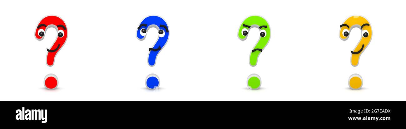 3D Rendering of four funny interrogation marks with different facial ...