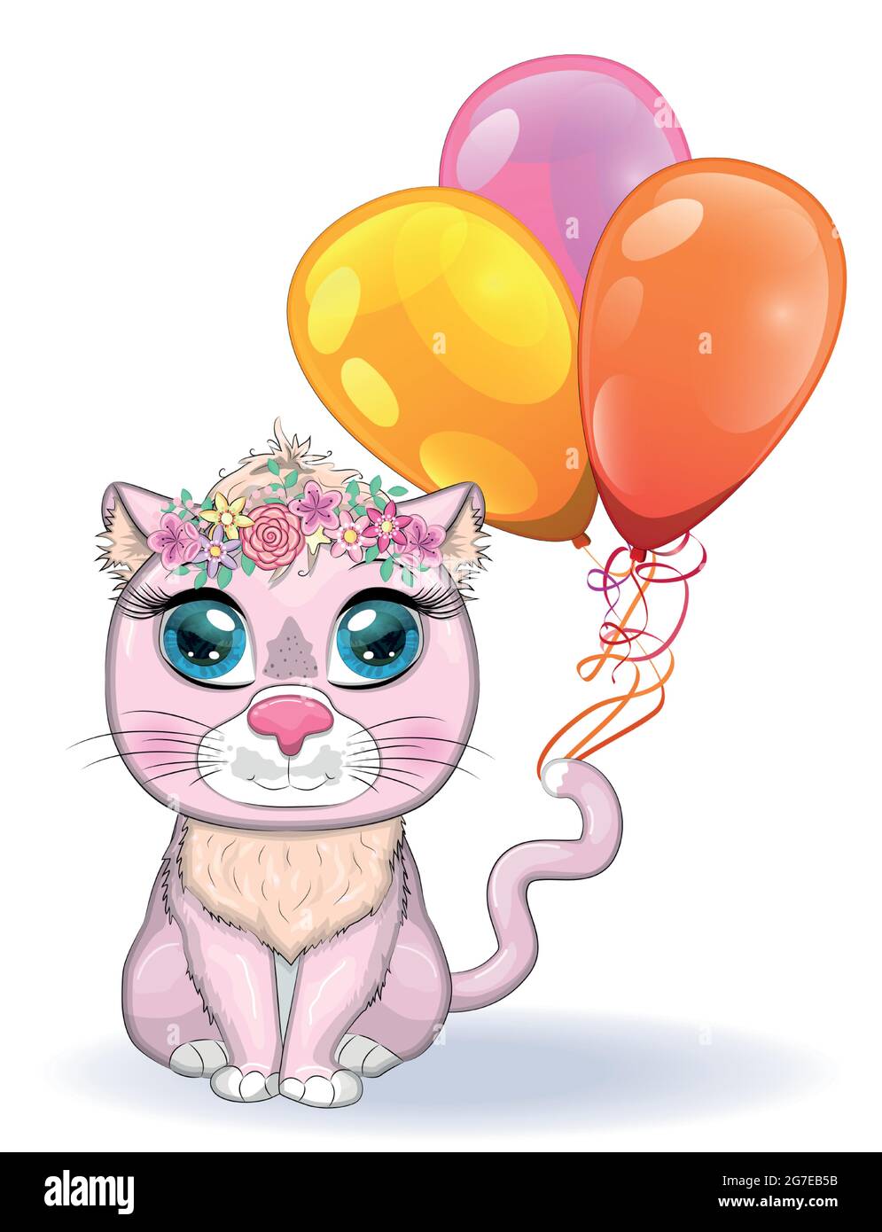 Cute cartoon pink cat, a kitten on a background of flowers holds balls ...