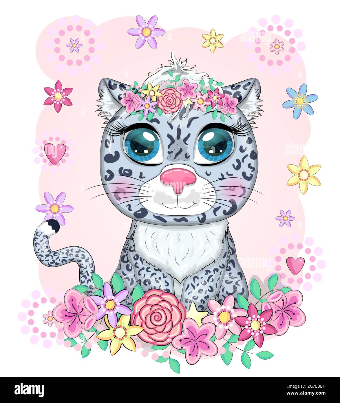 Cartoon snow leopard with expressive eyes among flowers, hearts ...