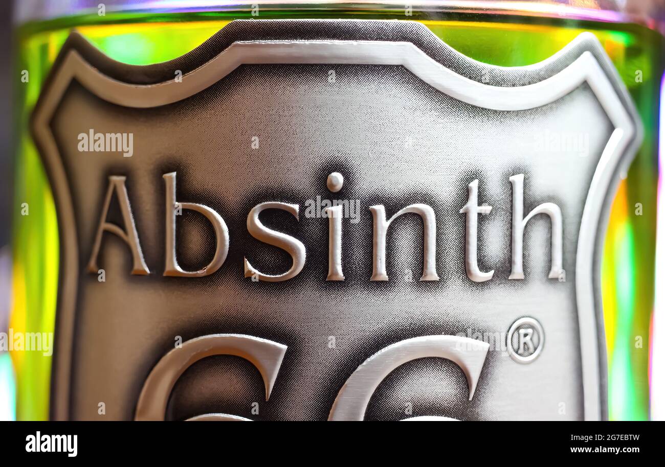 Viersen, Germany - May 9. 2021: Closeup of bottle label with absinthe ...