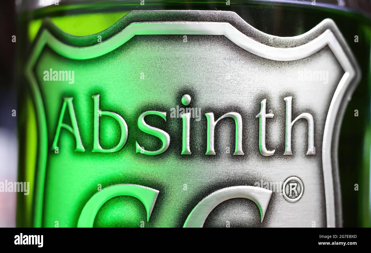 Viersen, Germany - May 9. 2021: Closeup of bottle label with absinthe ...