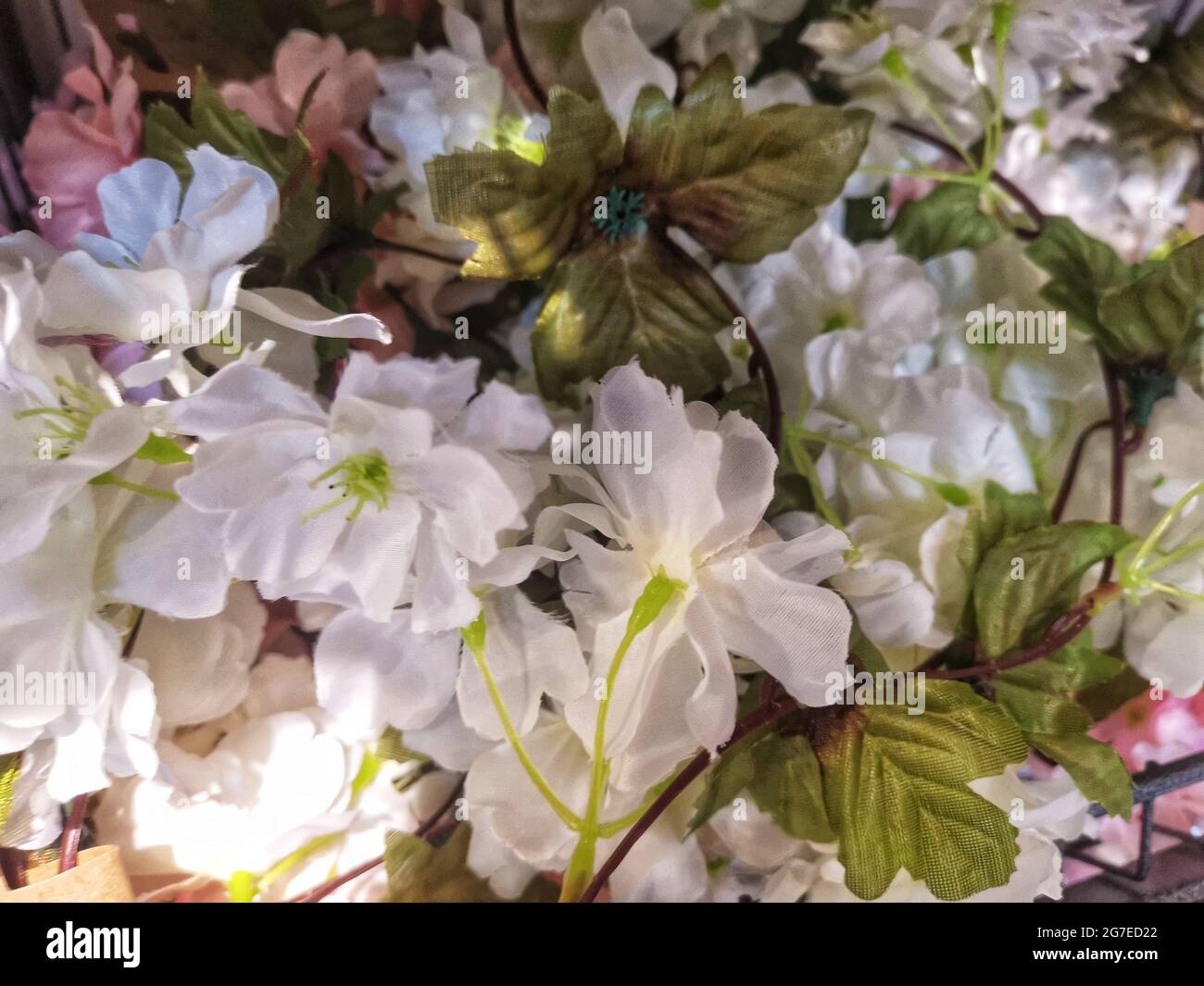 Overhead shot of artificial flowers used as decoration outdoors Stock ...