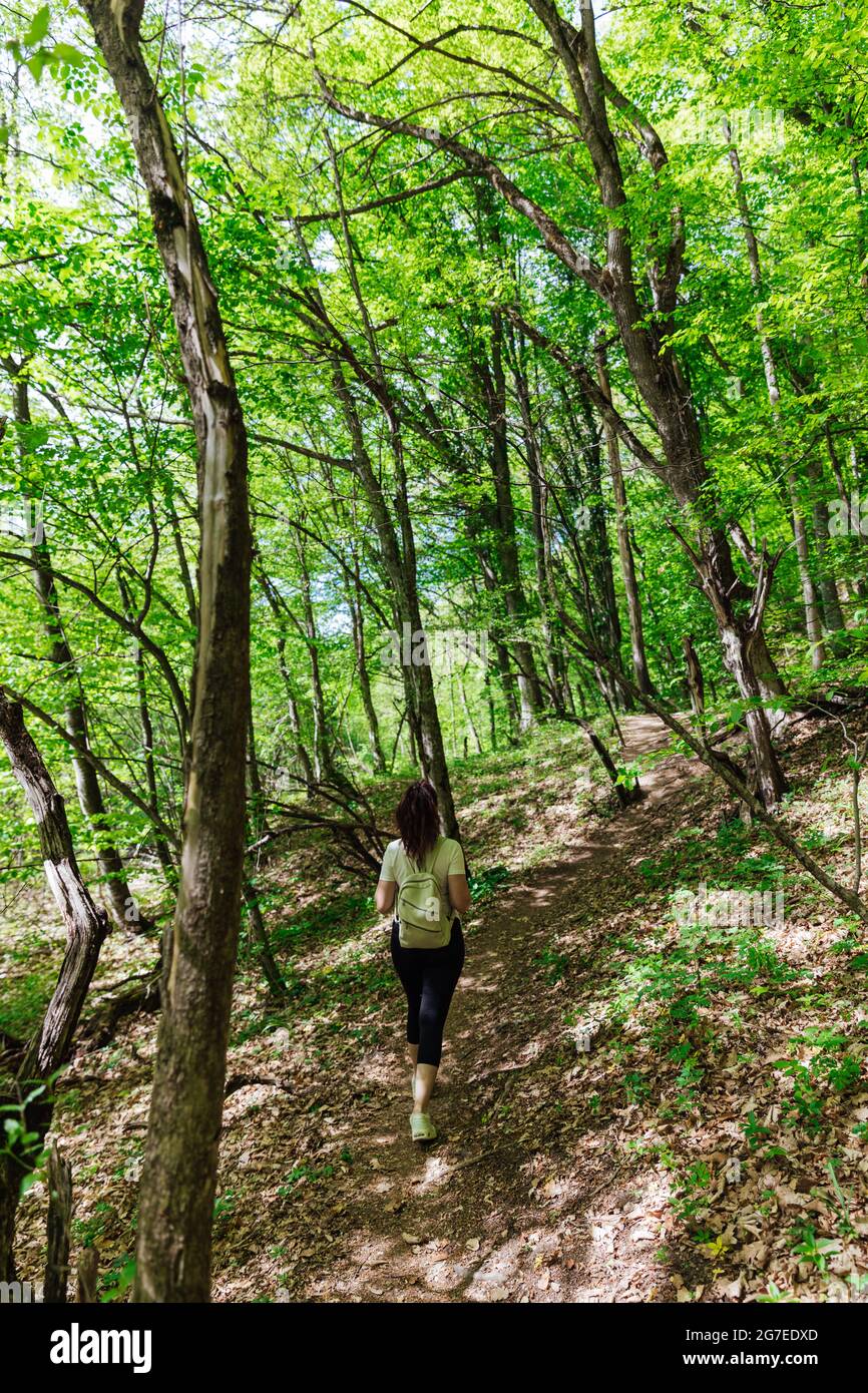 woman walking through the green forest nature journey Stock Photo - Alamy