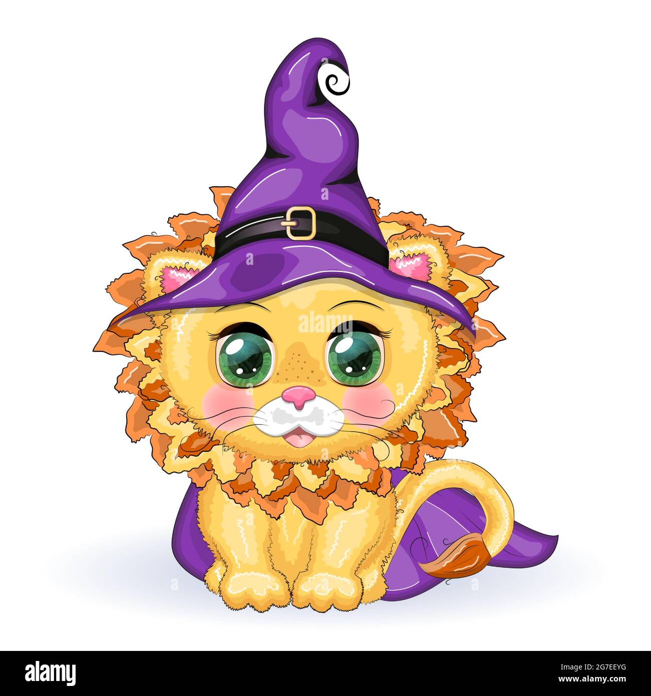 Cute cartoon leo with beautiful eyes, orange in a purple witch's hat ...