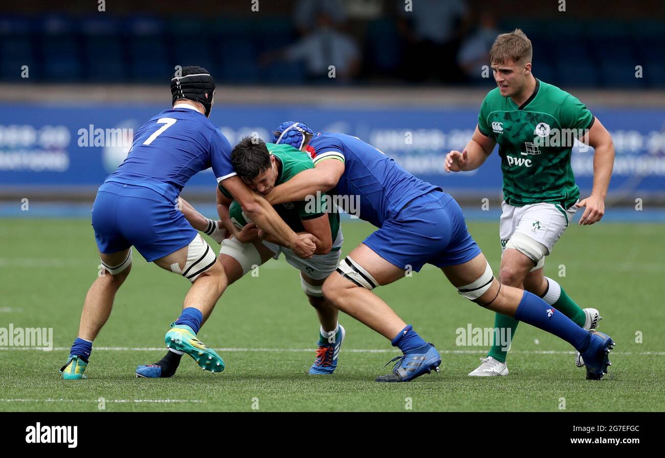 Ireland’s Mark Morrissey is tackled by France’s Mathias Haddad during ...