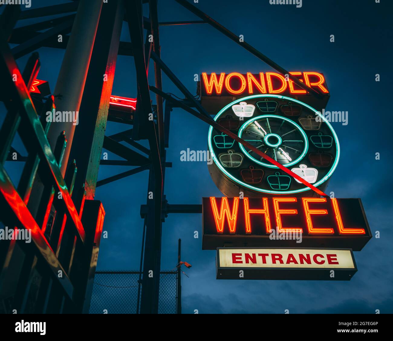 The Wonder Wheel neon sign at night, in Coney Island, Brooklyn, New ...