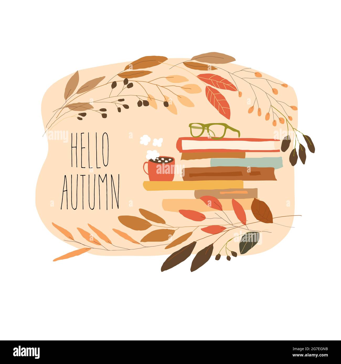 Cartoon Stack of Books with Eyeglasses and Cup in Autumn Wreath Stock ...