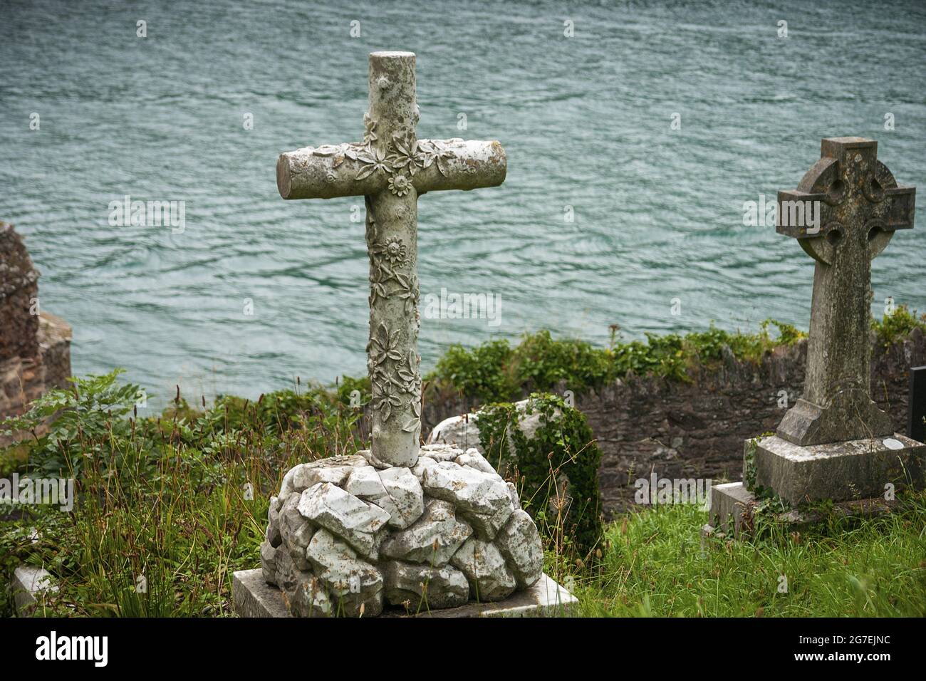 Stone crosses at a medieval grave yard at Dartmouth castle, Devon ...