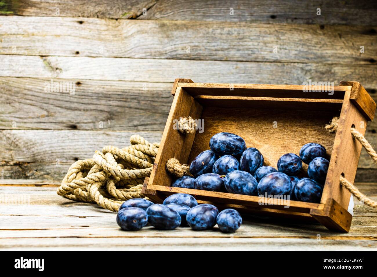 Blue plums in a wooden crate in a rustic composition Stock Photo - Alamy
