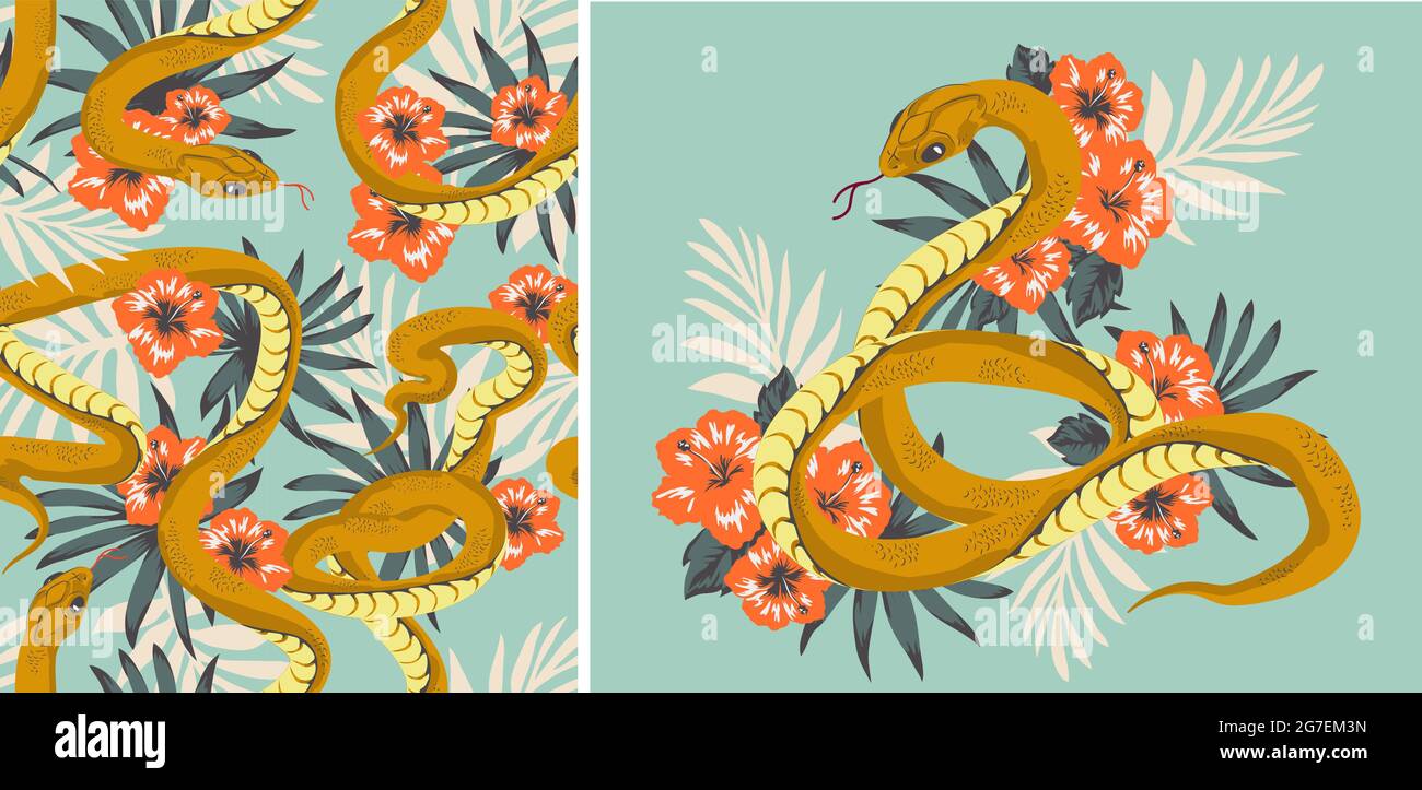 set of illustration of a snake and flowers, Abstraction pattern for ...