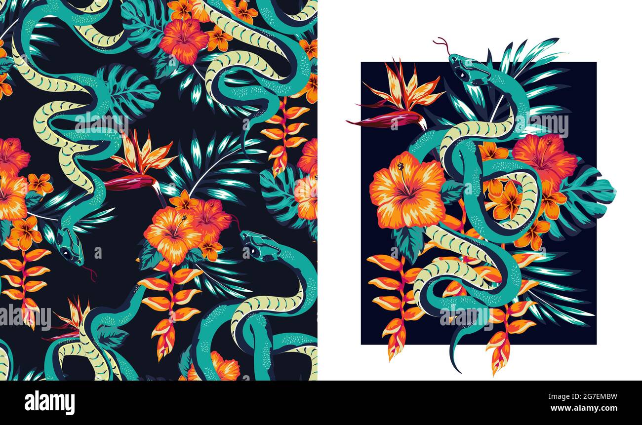 set of illustration of a snake and flowers, Abstraction pattern for ...
