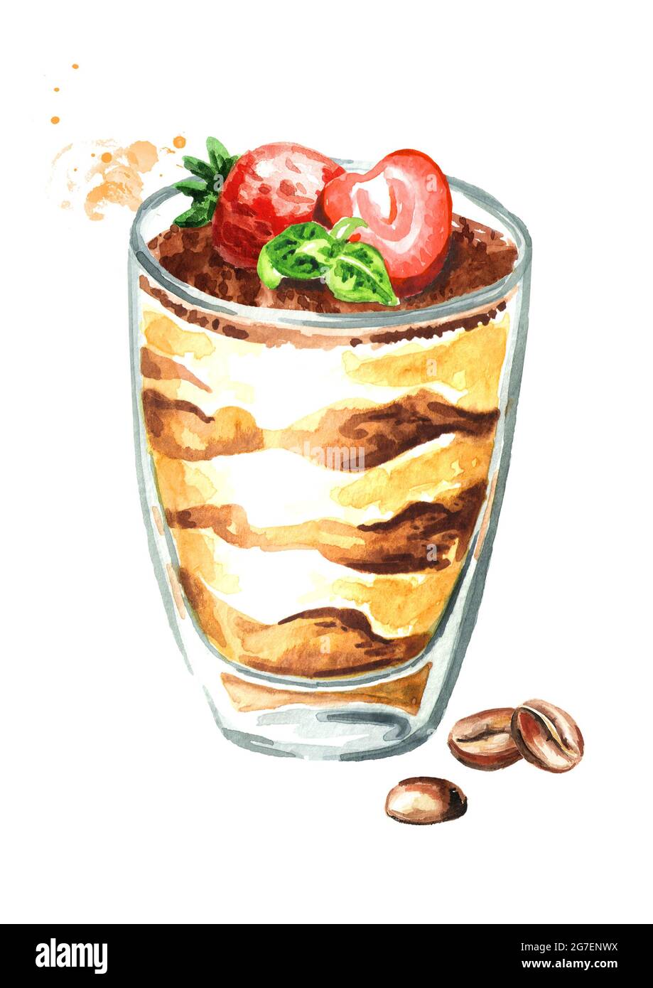 Tiramisu in the glass, Italian traditional sweet dessert. Watercolor ...