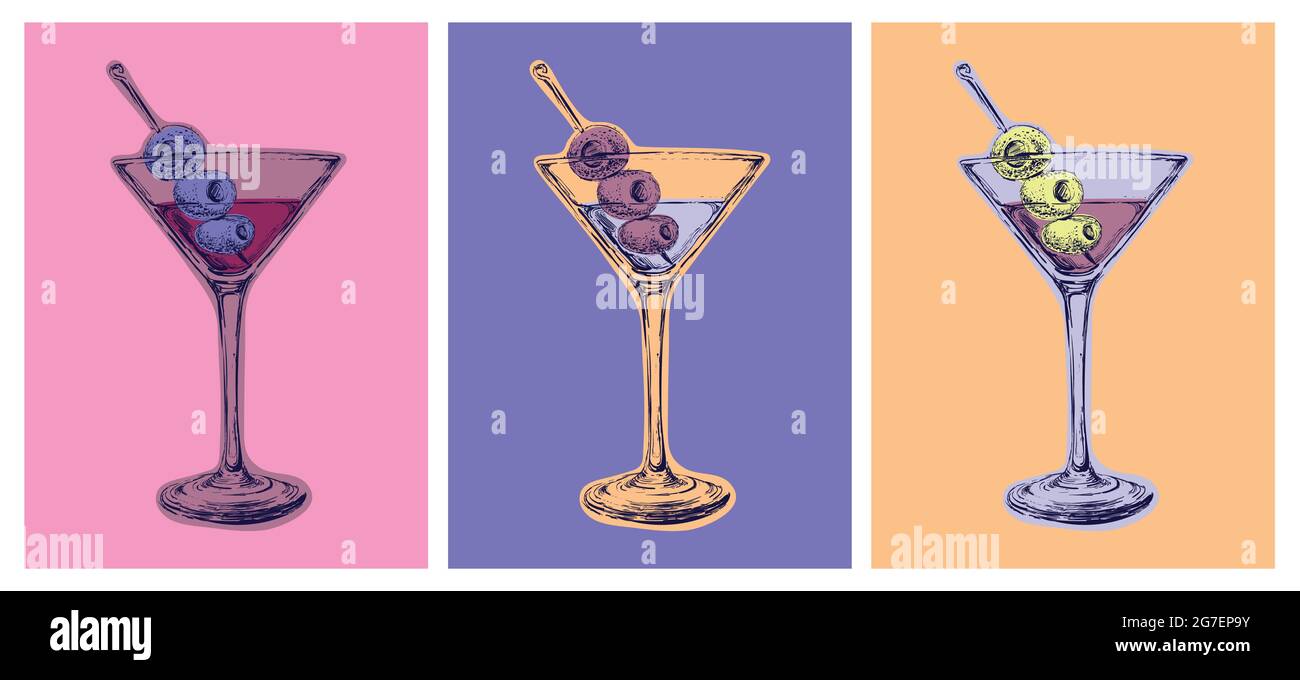 Set of Colored Martini Cocktails with Olives Vector Illustration Set of ...