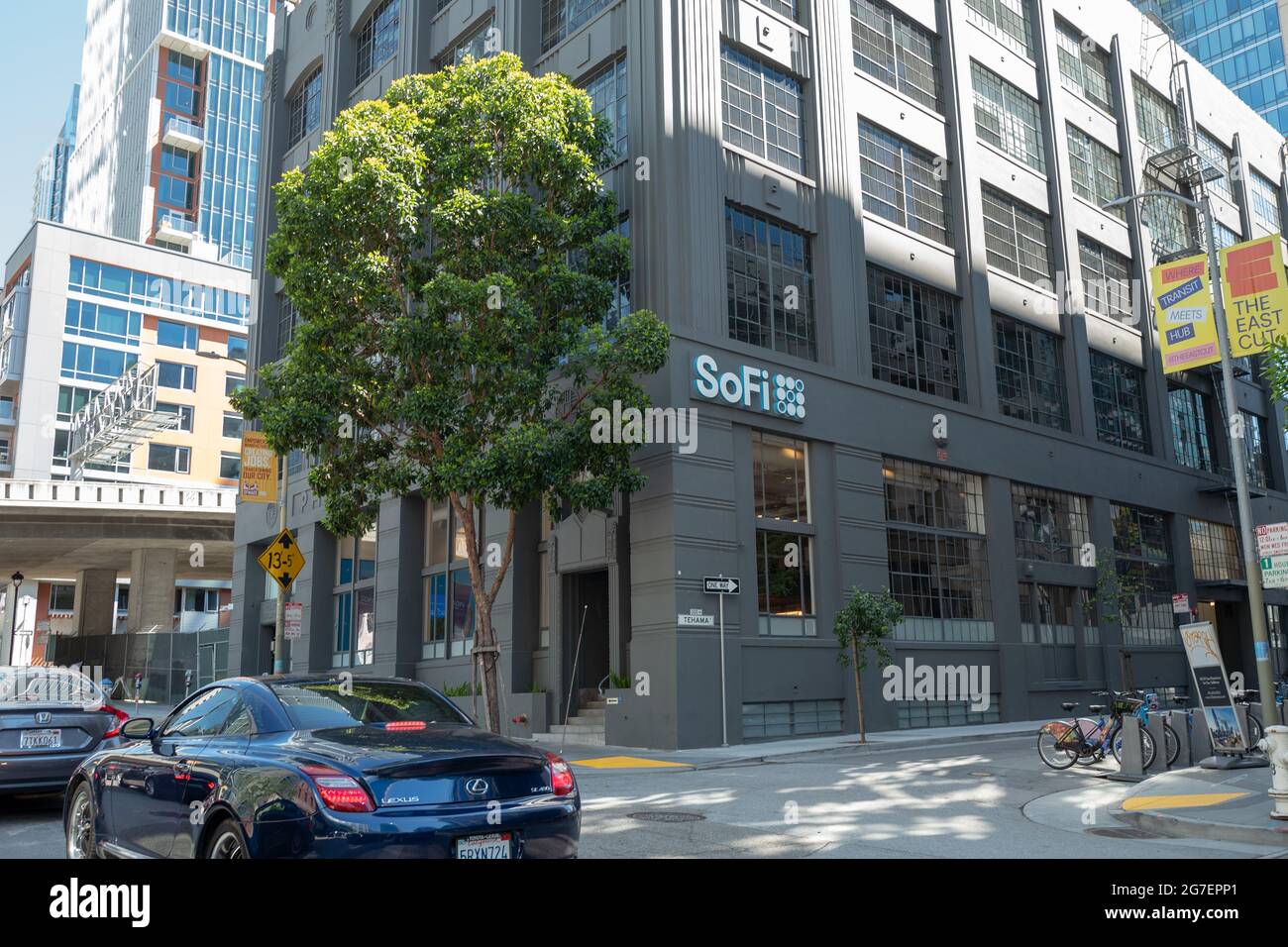 Facade with sign at headquarters of SoFi, San Francisco, California ...