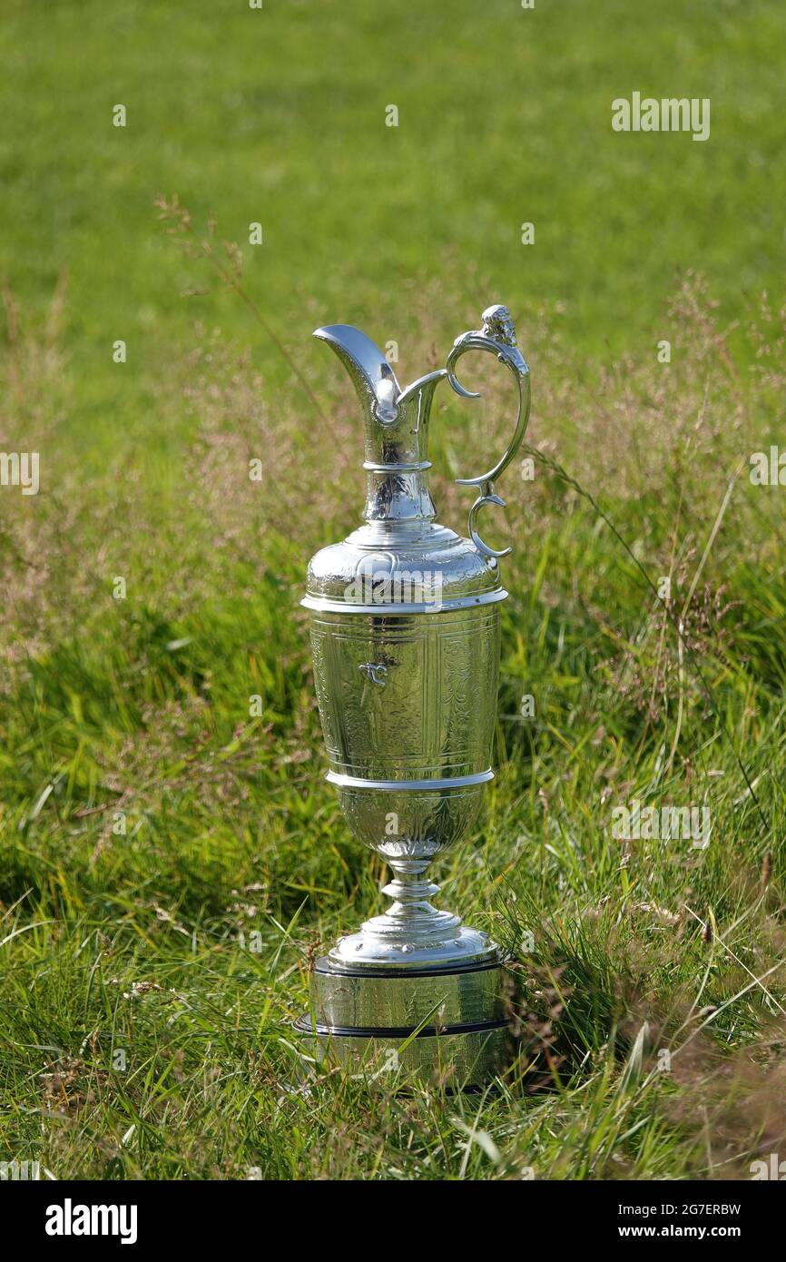 Sandwich, Kent, UK. 13th July, 2021. The Claret Jug trophy, given to ...