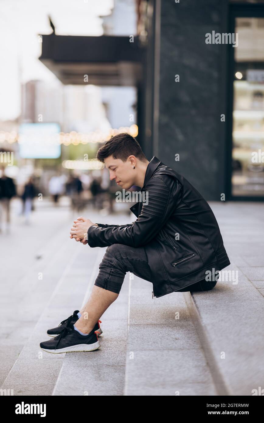 Portrait of man look around. Stylish clothing wear Stock Photo - Alamy