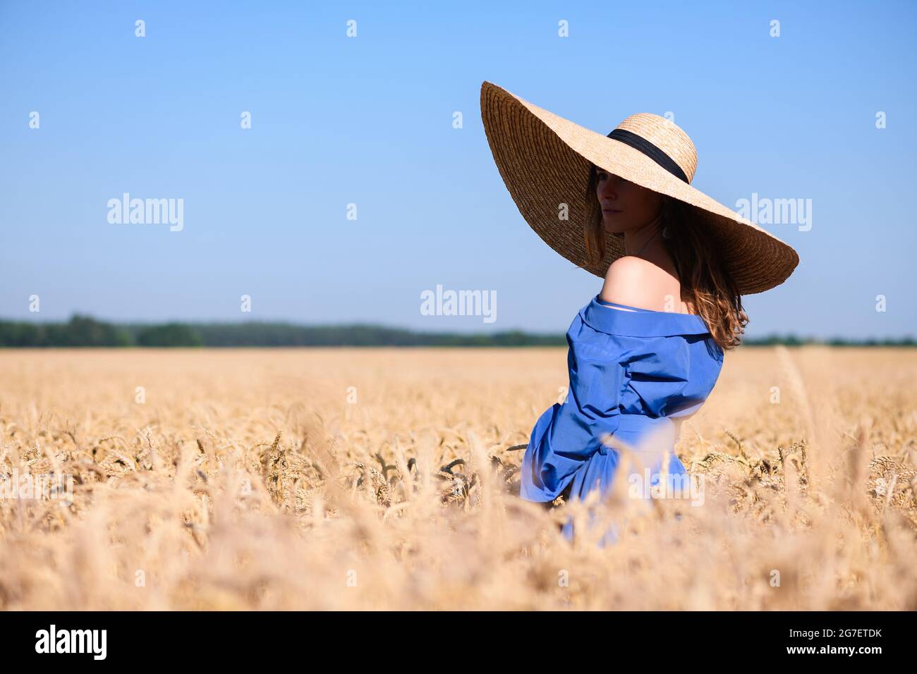 Romantic young girl hide face under wide brim hat, wearing blue dress ...