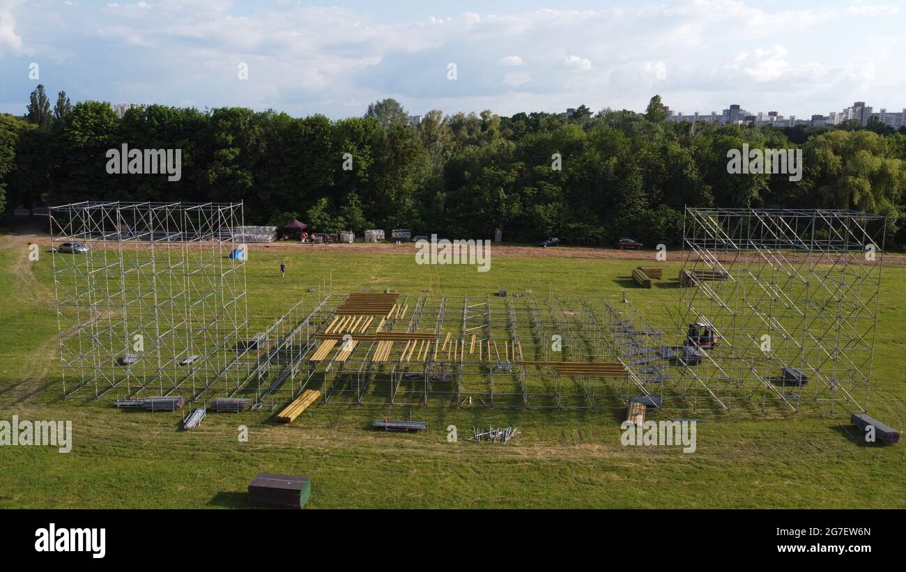 installation of a stage for a concert in the park. Aerial view Stock ...