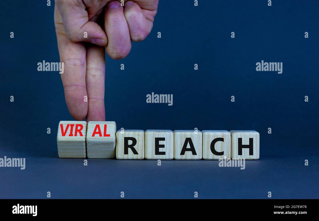 Viral reach symbol. Businessman turns wooden cubes and changes words ...