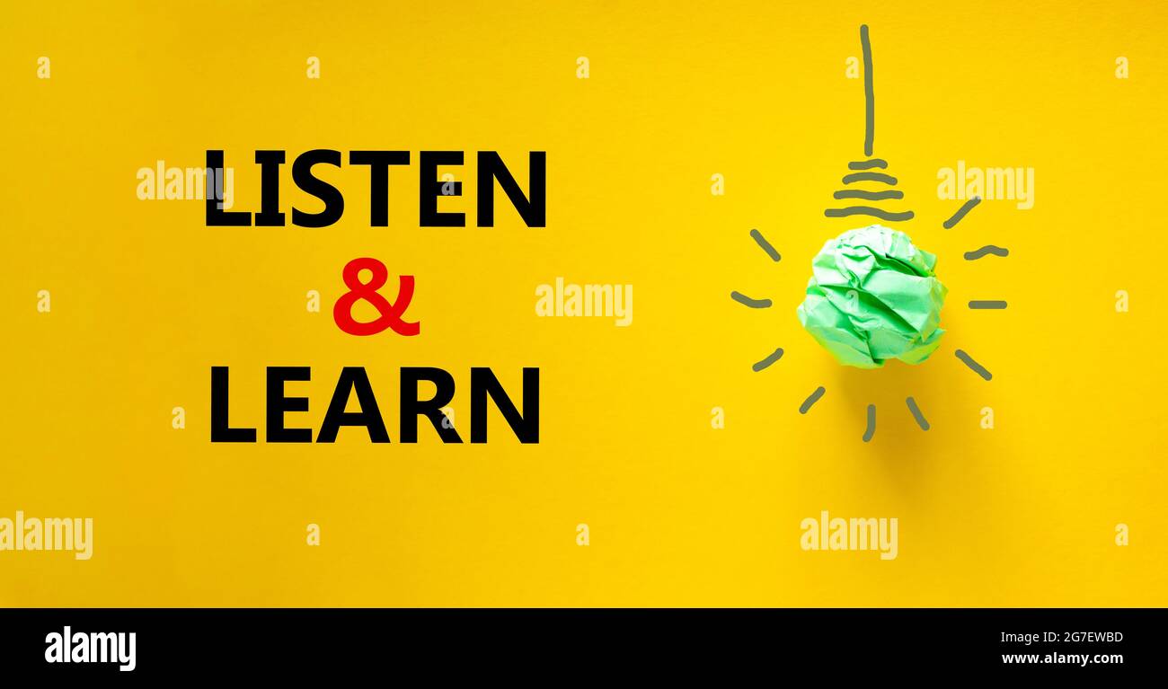 Listen and learn symbol. Green shining light bulb icon. Words 'Listen ...