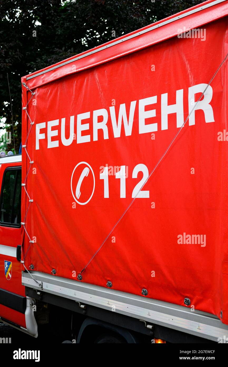 Naila, Germany. 03rd July, 2021. An emergency vehicle of the fire ...