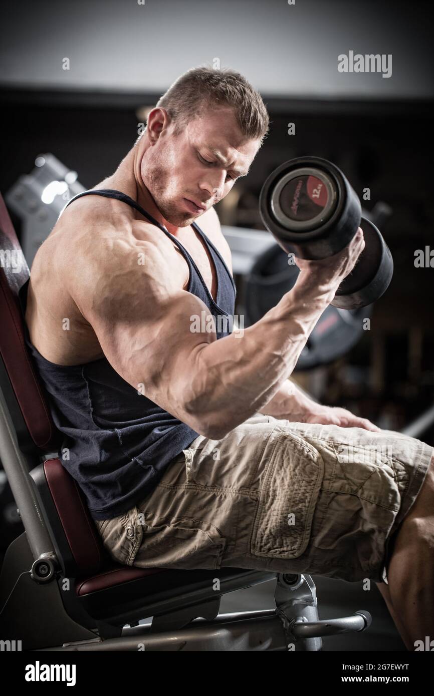Man at fitness training with dumbbells in gym sitting on a weight bench ...
