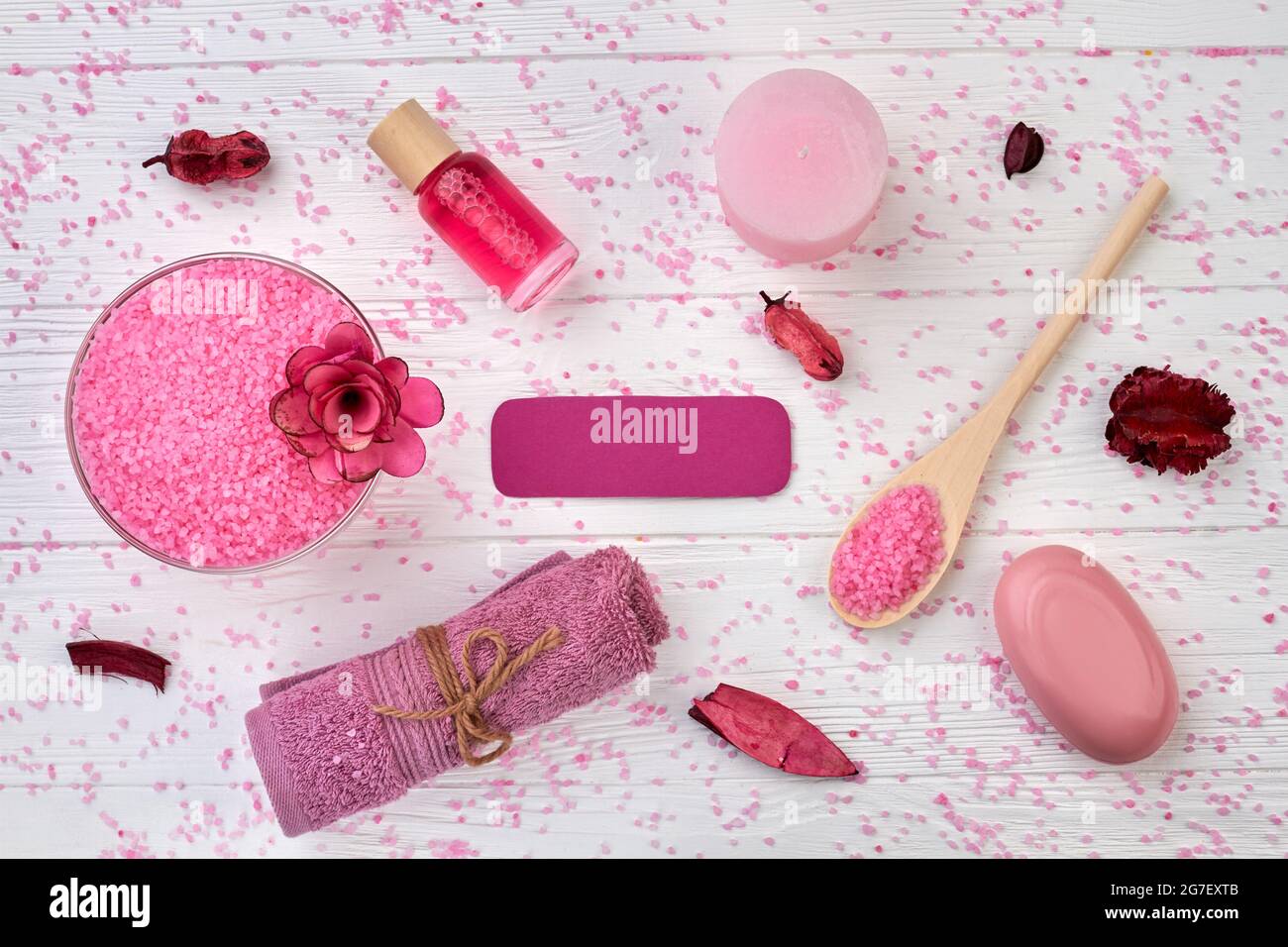 Flat lay top view pink spa stuff on white wood Stock Photo - Alamy