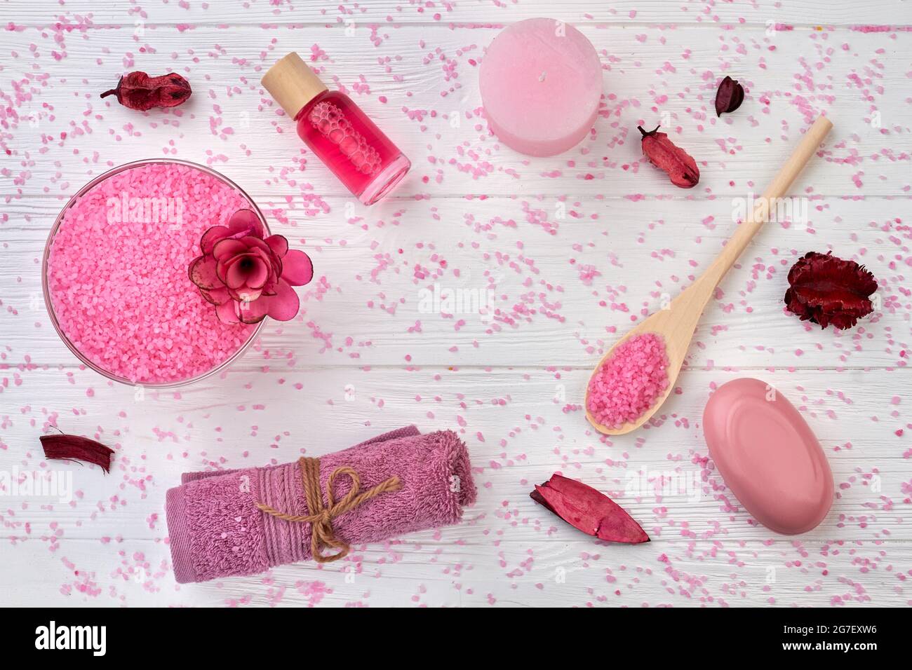 Spa bathroom stuff for treatment and relax flat lay Stock Photo - Alamy