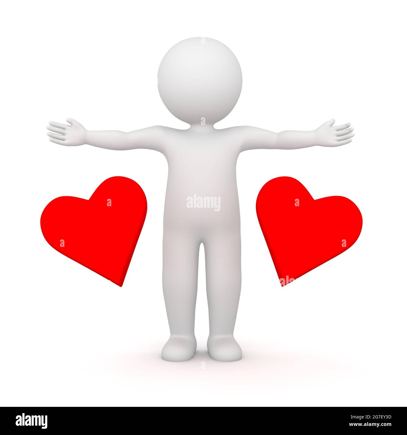 3D Rendering of a man with arms open wide between two red heart shapes ...