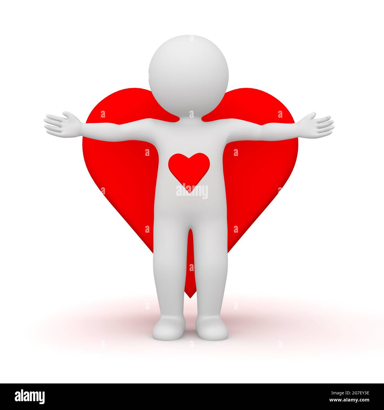3D Rendering of a man with arms open wide against a big red heart shape ...