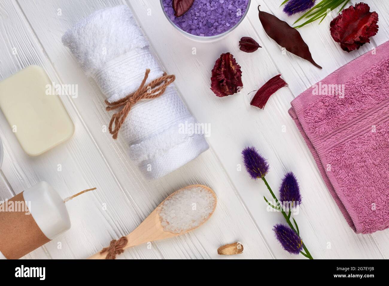 Top view many accessories for spa treatment on the desk Stock Photo - Alamy